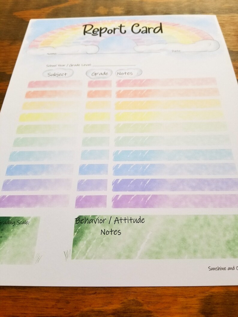 Rainbow Report Card, Printable Grade Card, Digital Download Academic ...