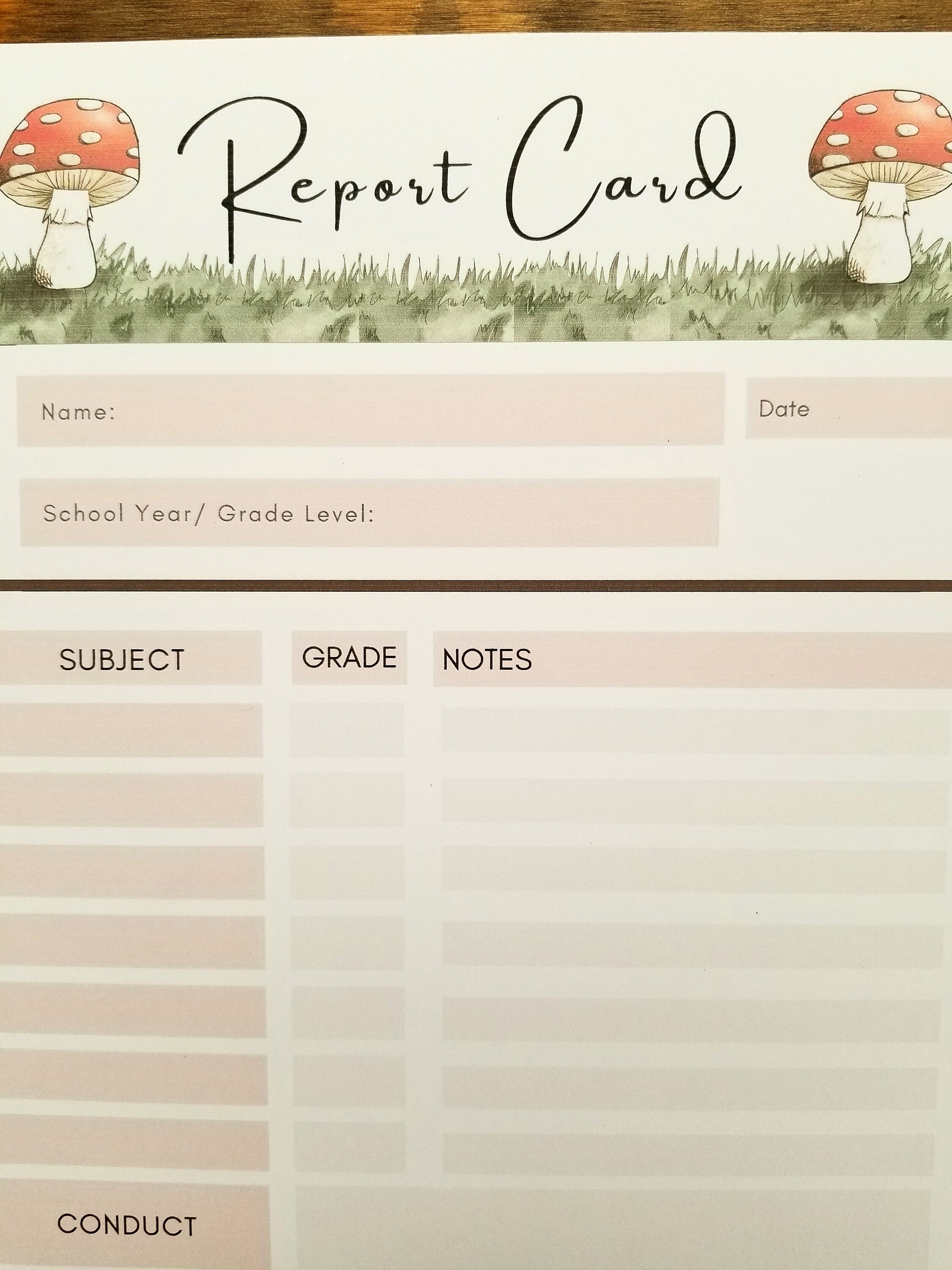 Report Card Printable in Mushroom Brown Design, Homeschool Grade Card ...