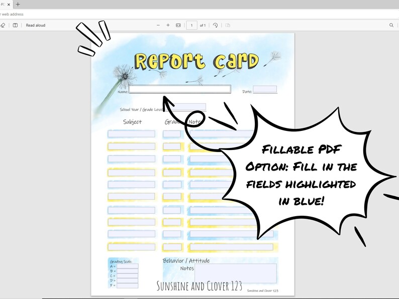 Printable Report Card, Colorful Grade Card in Blue and Yellow, Dandelion Report Card, Grade ...
