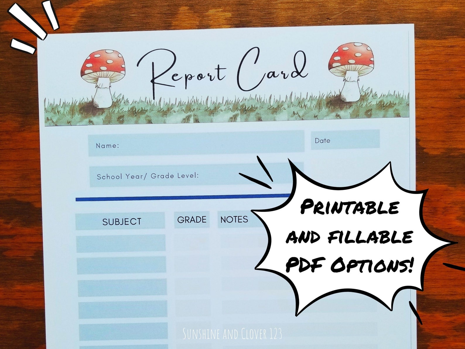 Printable Report Card in Mushroom Blue Design, Editable Grade Card ...