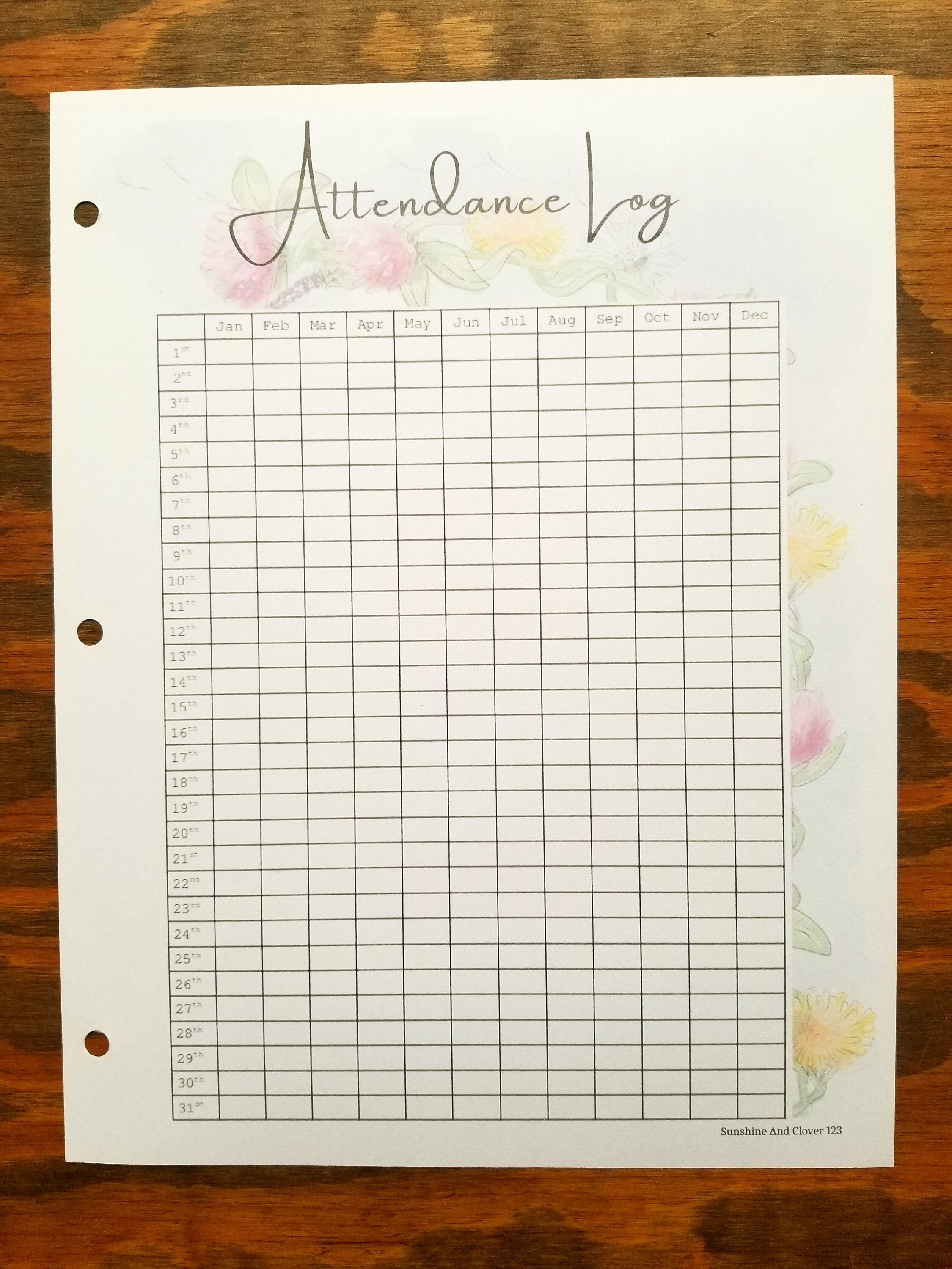 Homeschool Attendance Log in Flower Design, Attendance Record Printable ...