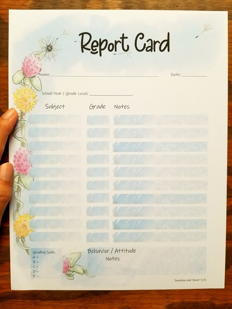 Digital Download Report Card, Grade Card for Homeschooling, Flower ...