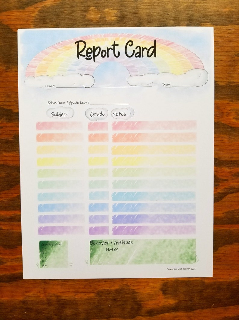 Rainbow Report Card, Printable Grade Card, Digital Download Academic ...