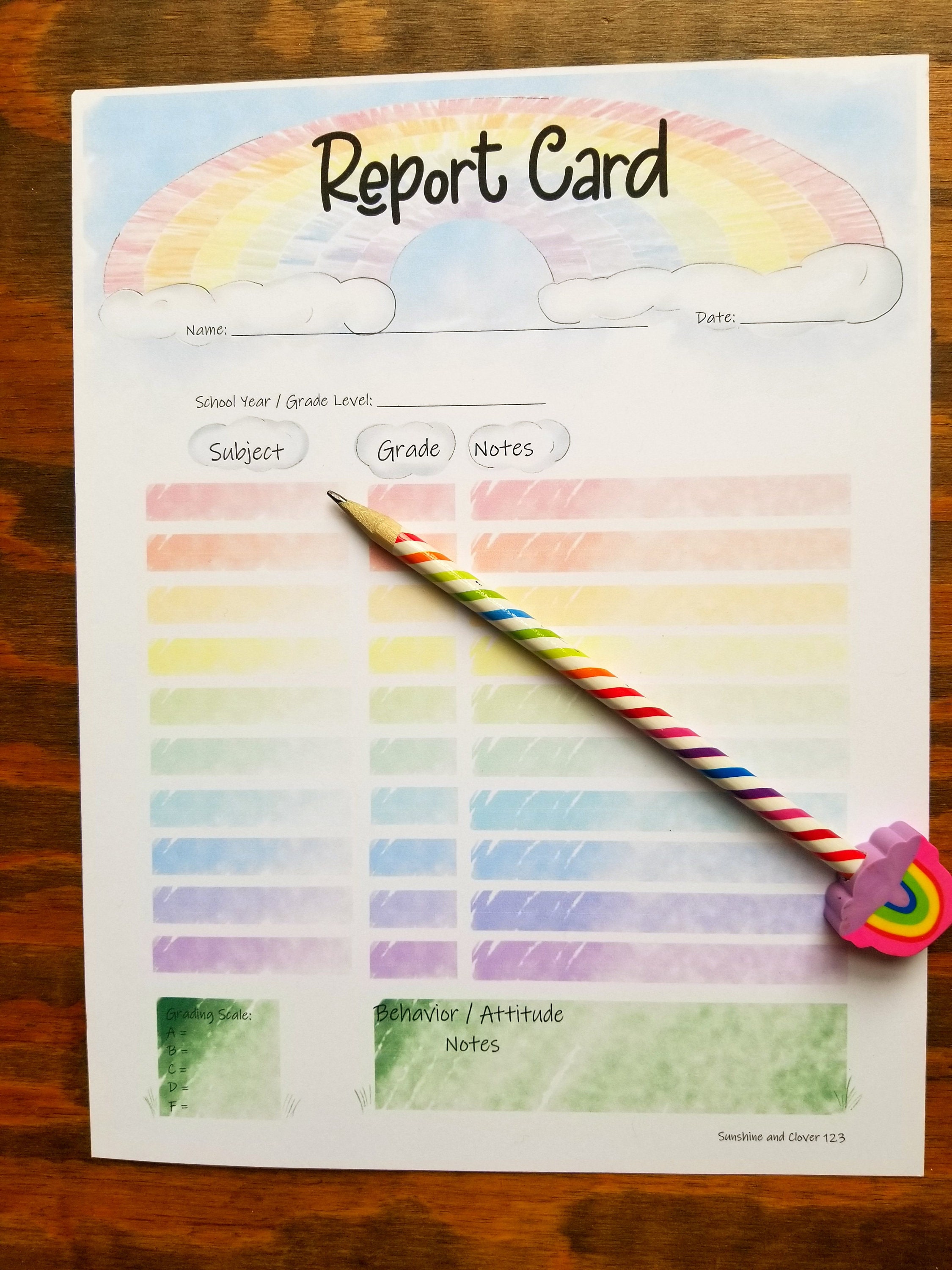 Rainbow Report Card, Printable Grade Card, Digital Download Academic ...