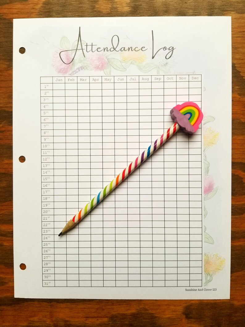 Homeschool Attendance Log in Flower Design, Attendance Record Printable ...