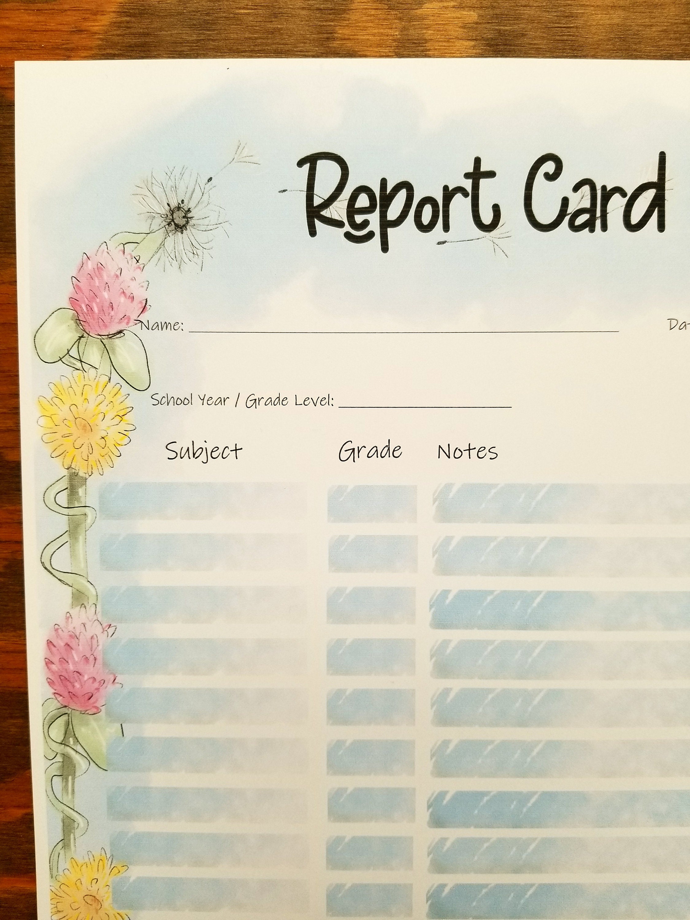 Digital Download Report Card, Grade Card for Homeschooling, Flower ...