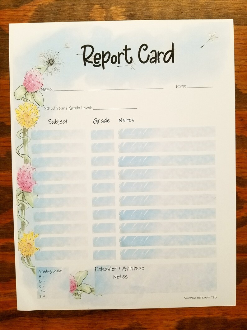 Digital Download Report Card, Grade Card for Homeschooling, Flower ...