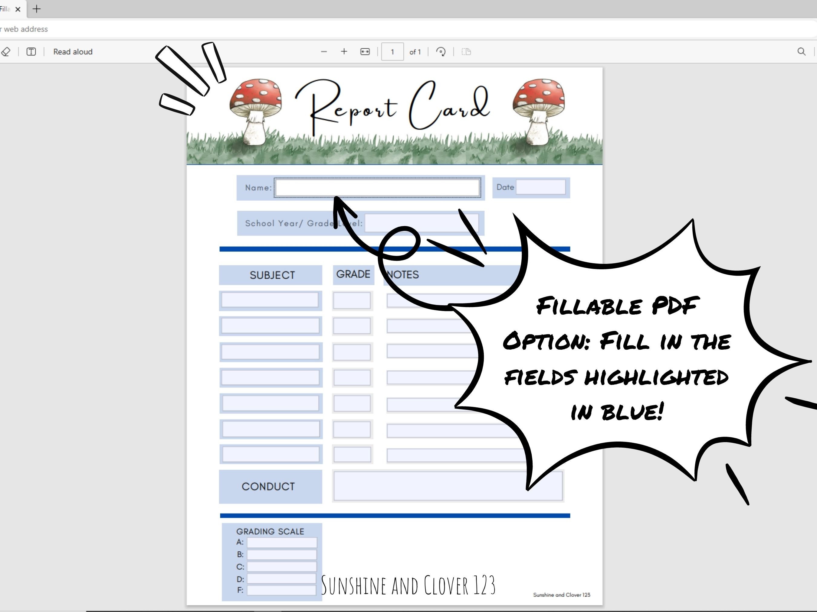 Printable Report Card in Mushroom Blue Design, Editable Grade Card ...