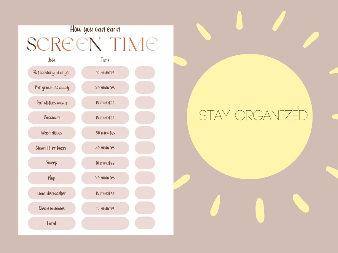 Screen Time Chart Checklist Daily Screen Time Schedule - Etsy