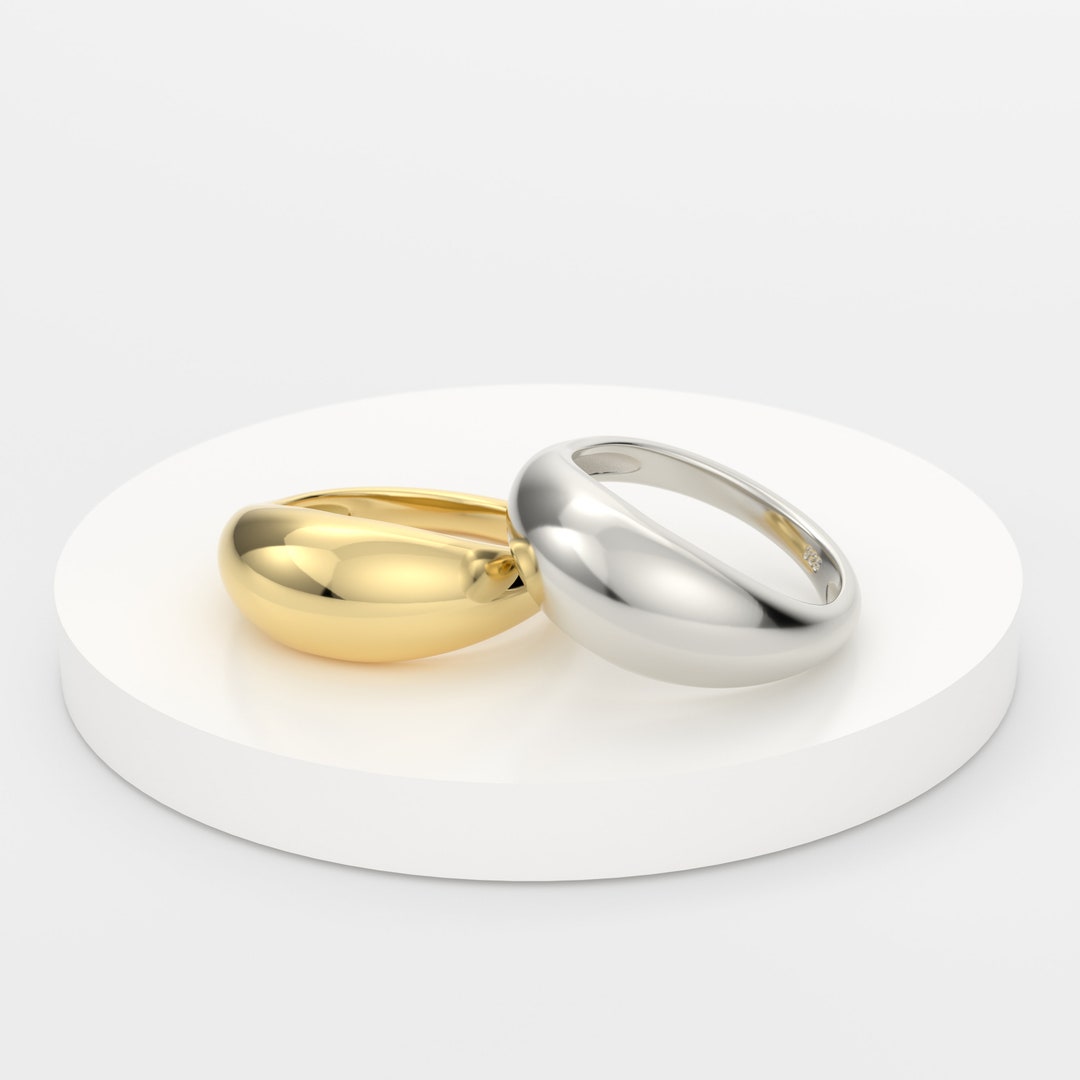 925 Sterling Silver High Polished High Dome Chunky Ring Band 14k Yellow ...