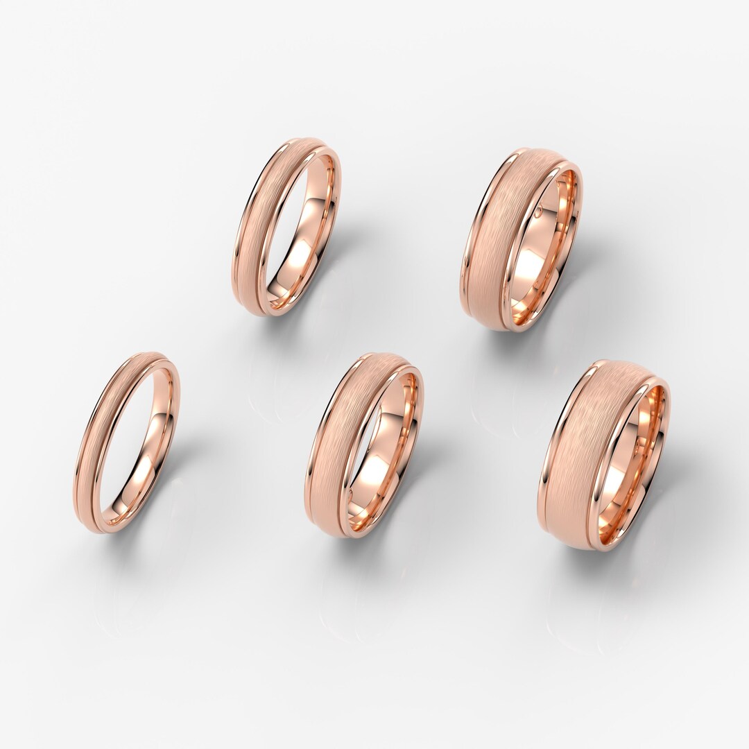 Solid 18K Rose Gold Brush Finish Center Grooved Edge Wedding Band 3mm ...