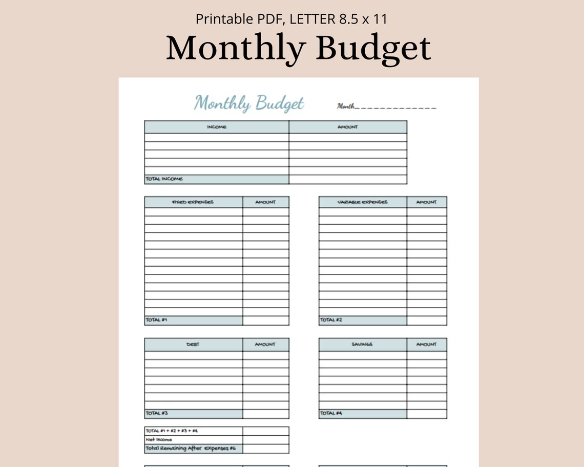 Monthly Budget Printable - PDF - Letter- "8.5x11" - Etsy