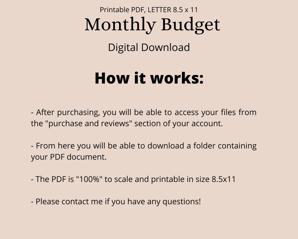 Monthly Budget Printable - PDF - Letter- "8.5x11" - Etsy