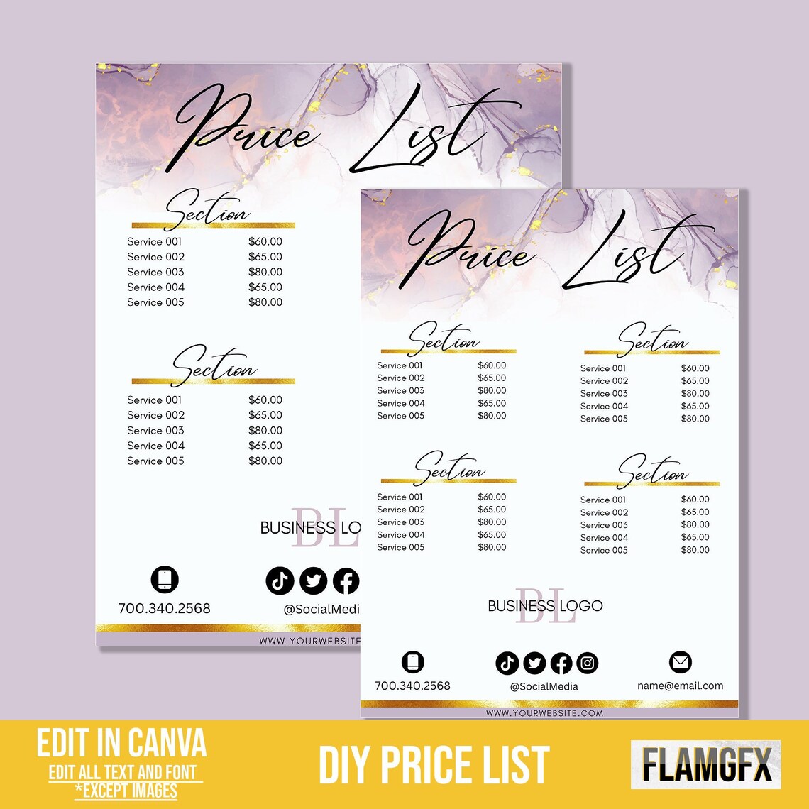 Price List Template, Purple Price List, Editable in Canva , Salon Price ...