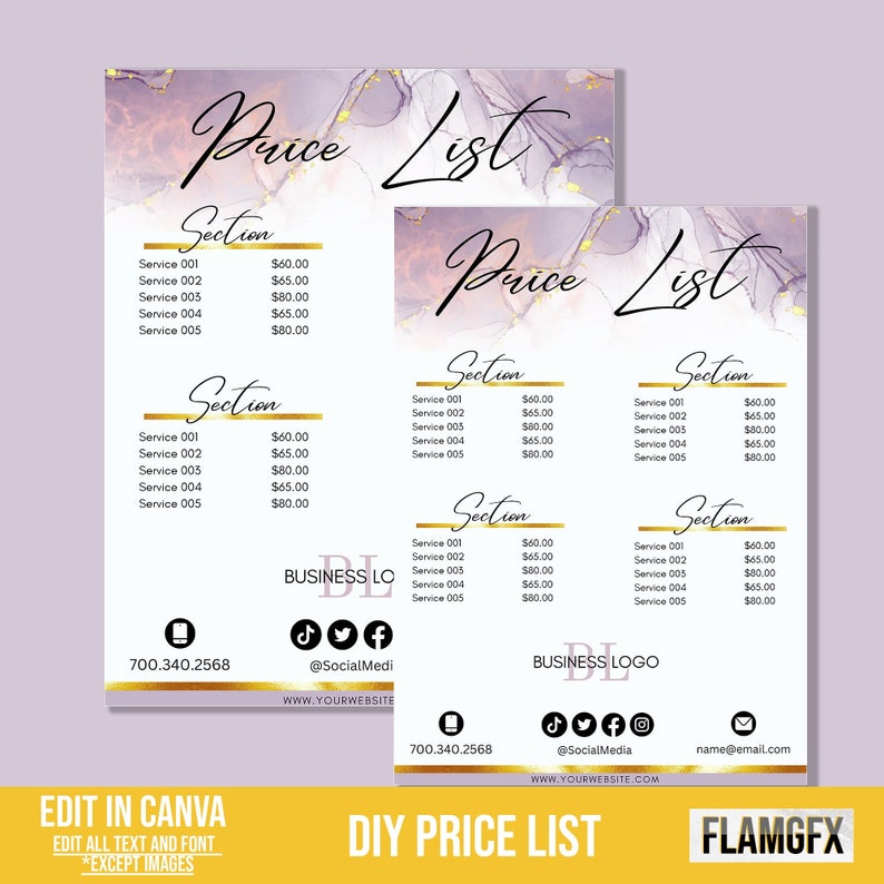 Price List Template Purple Price List Editable in Canva - Etsy