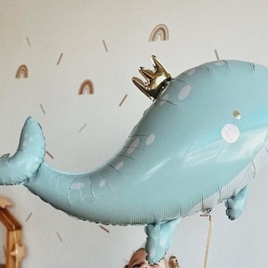 Large Regal Blue Whale Balloon With Crown - Nautical Delight for Baby ...