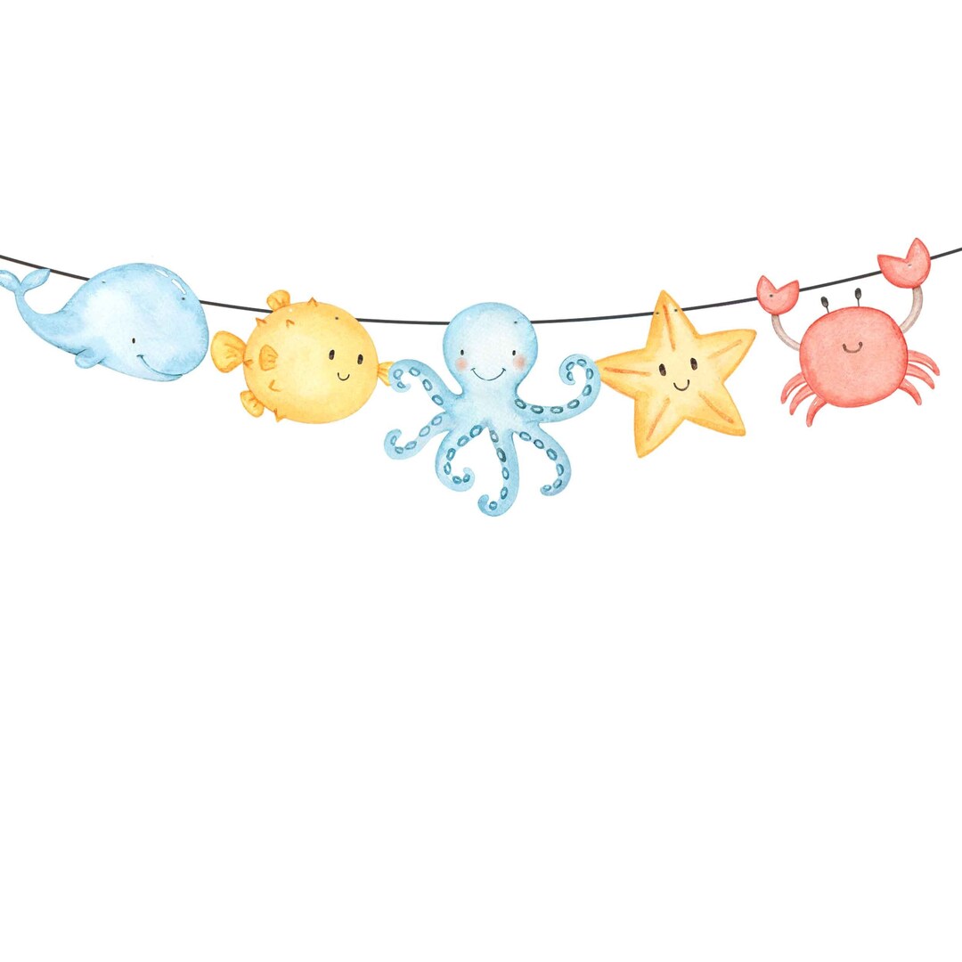 Under the Sea Birthday Banner Cute Watercolor Ocean Party Supplies Baby ...