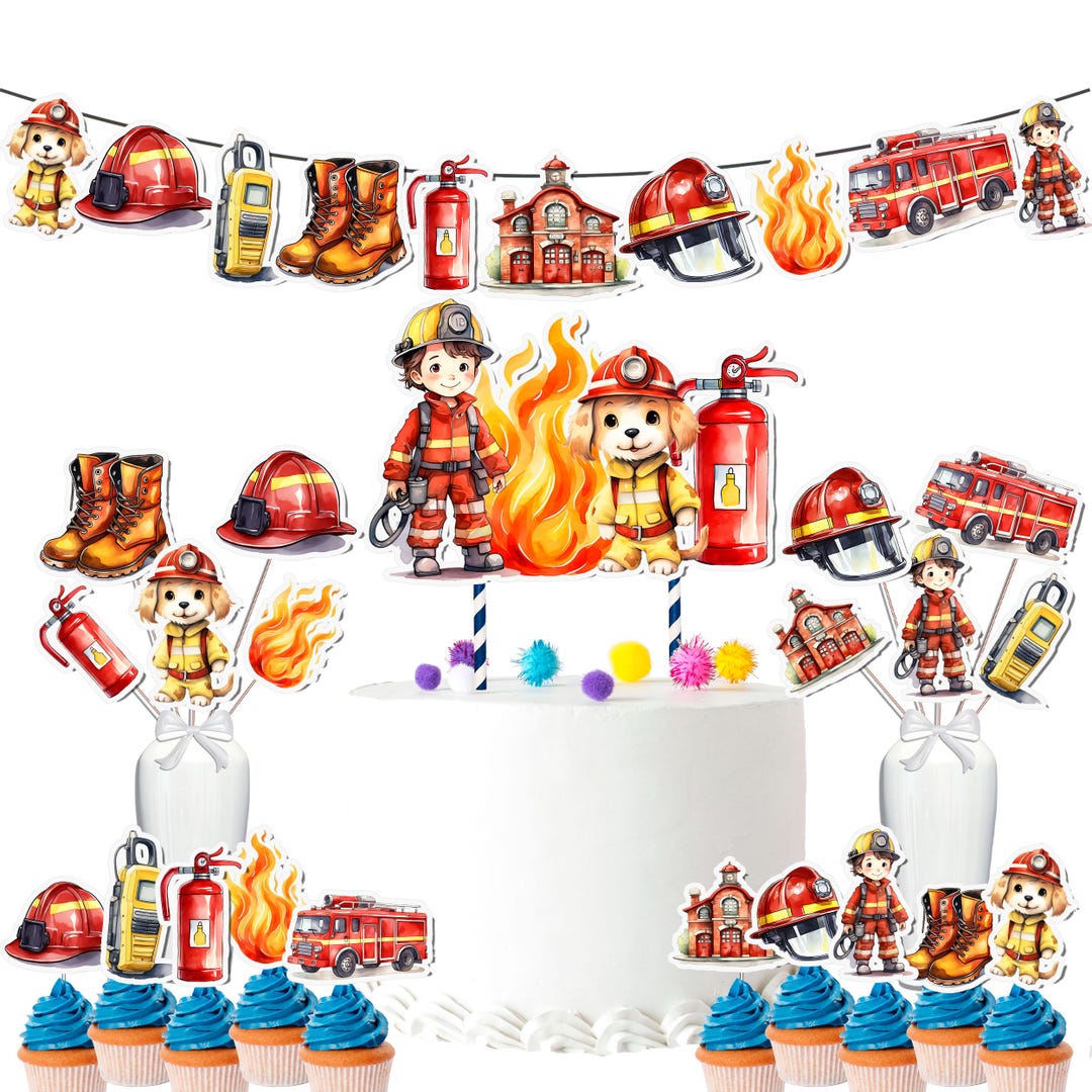 Firefighter Party Decorations With Cake Topper, Cupcake Toppers, Banner ...
