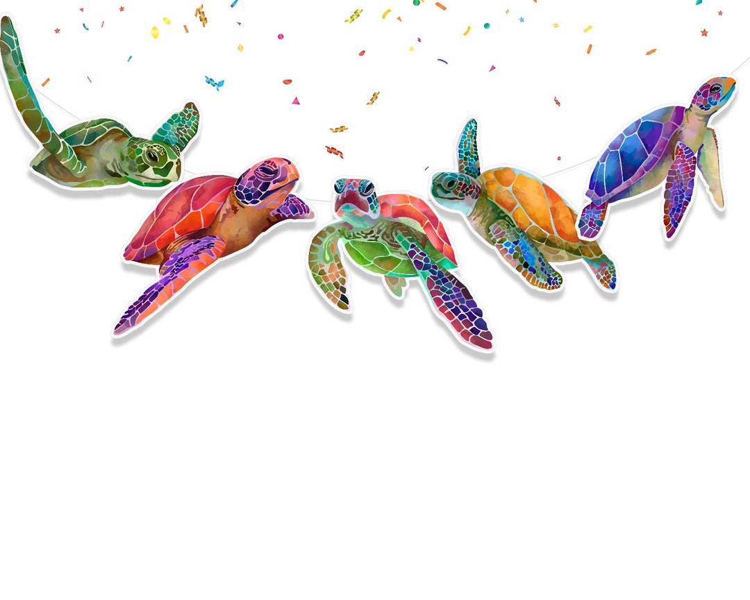 Turtle Under the Sea Birthday Banner Cute Watercolor Turtles Party ...