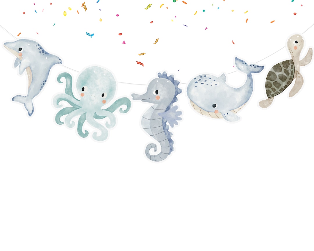 Under the Sea Birthday Banner Cute Watercolor Ocean Party Supplies Baby ...