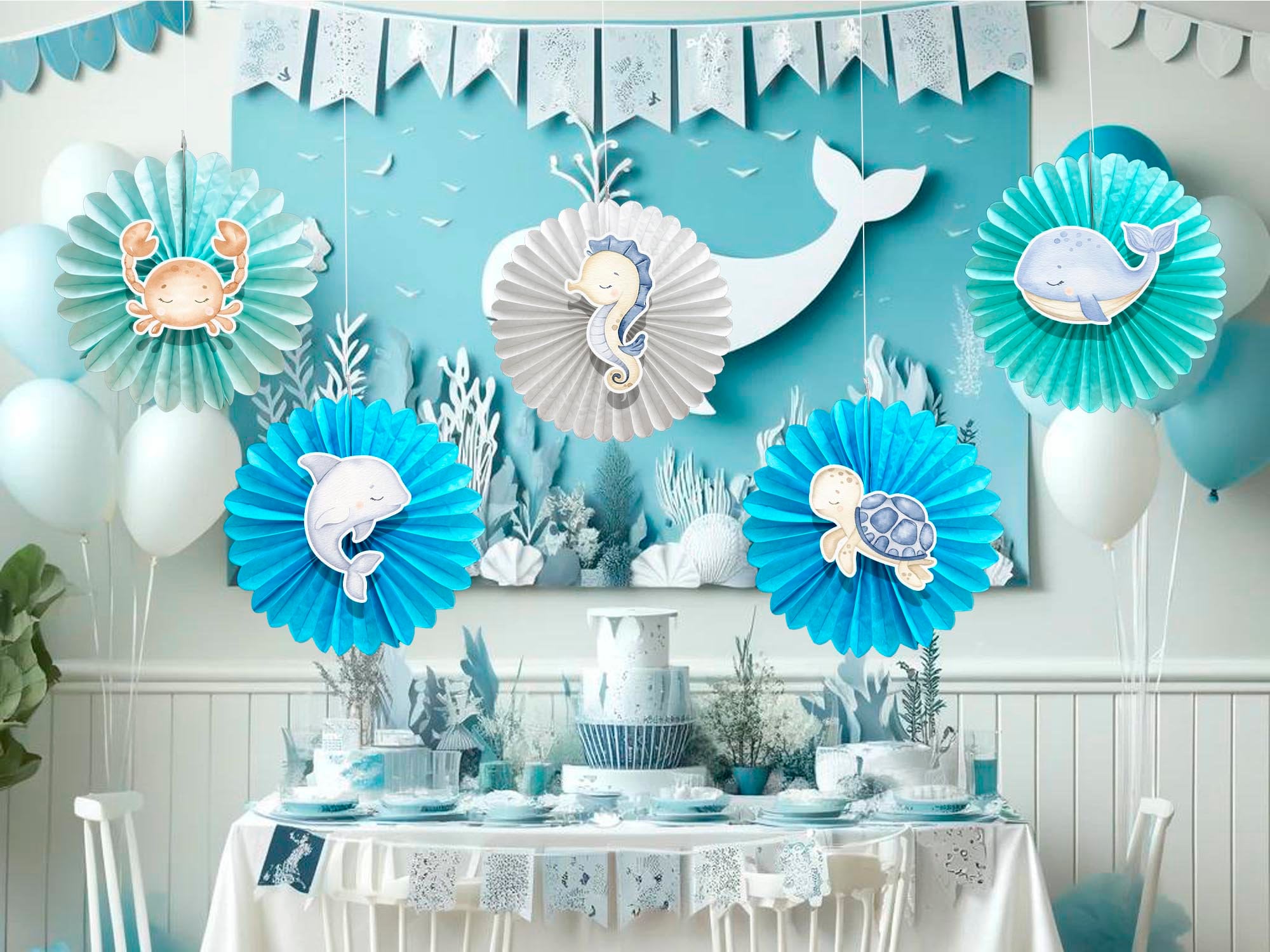5 Pcs Ocean Pastel Tissue Hanging Fans Set, 12-inch, Ideal for Sea ...