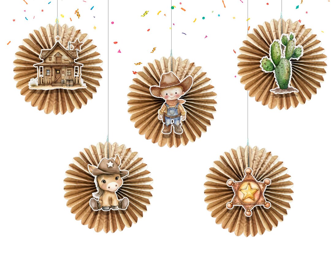 5 Pcs Cowboy Tissue Hanging Fans Set, 12-inch, Ideal for Western-themed ...