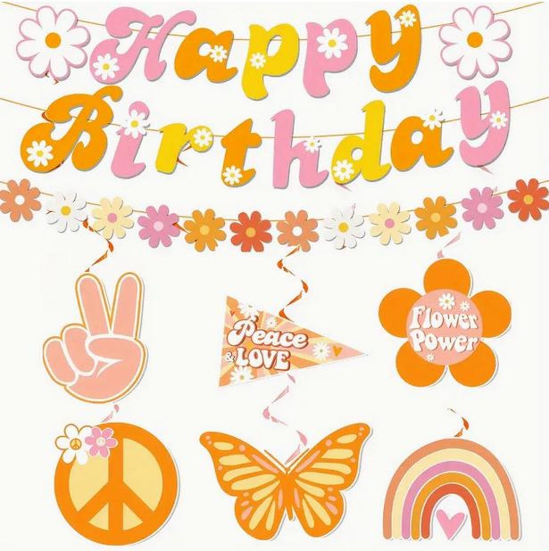 Groovy '70s Flower Power Happy Birthday Banner and Swirls Set Retro ...
