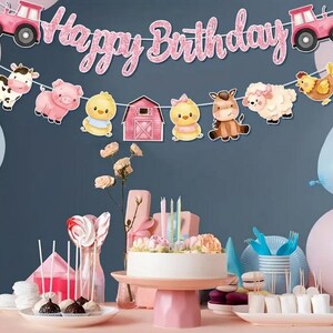 Pink Farm Animals Happy Birthday Banner - Kids' Birthday Party ...