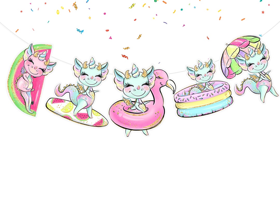 Cute Dragons Birthday Banner Baby Dragon Pool Party Theme Party ...