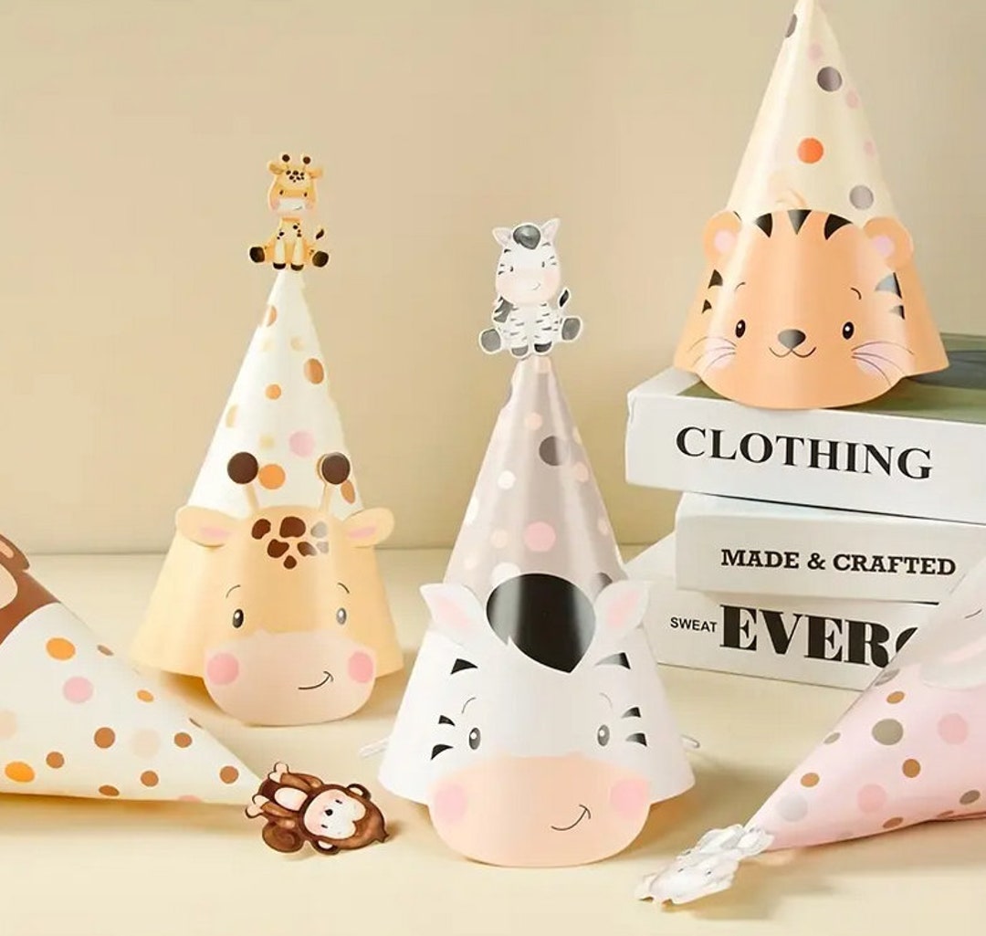 Set of 6 Jungle Animals Paper Party Hats - Kids Birthday Party Hats ...