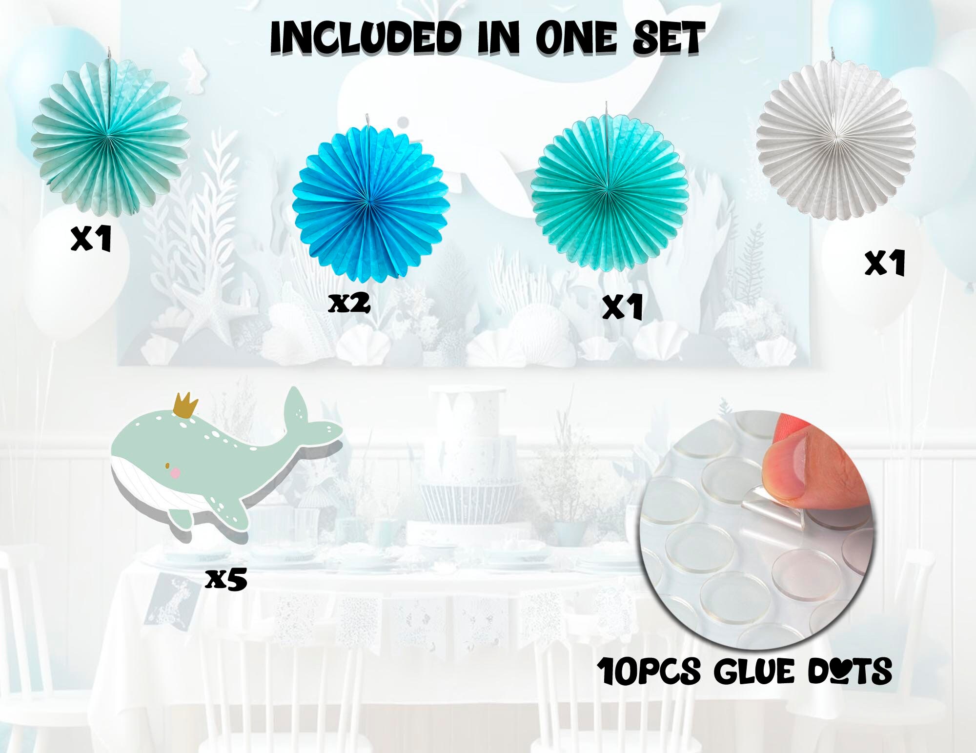 5 Pcs Whales Tissue Hanging Fans Set, 12-inch, Perfect for Ocean-themed ...