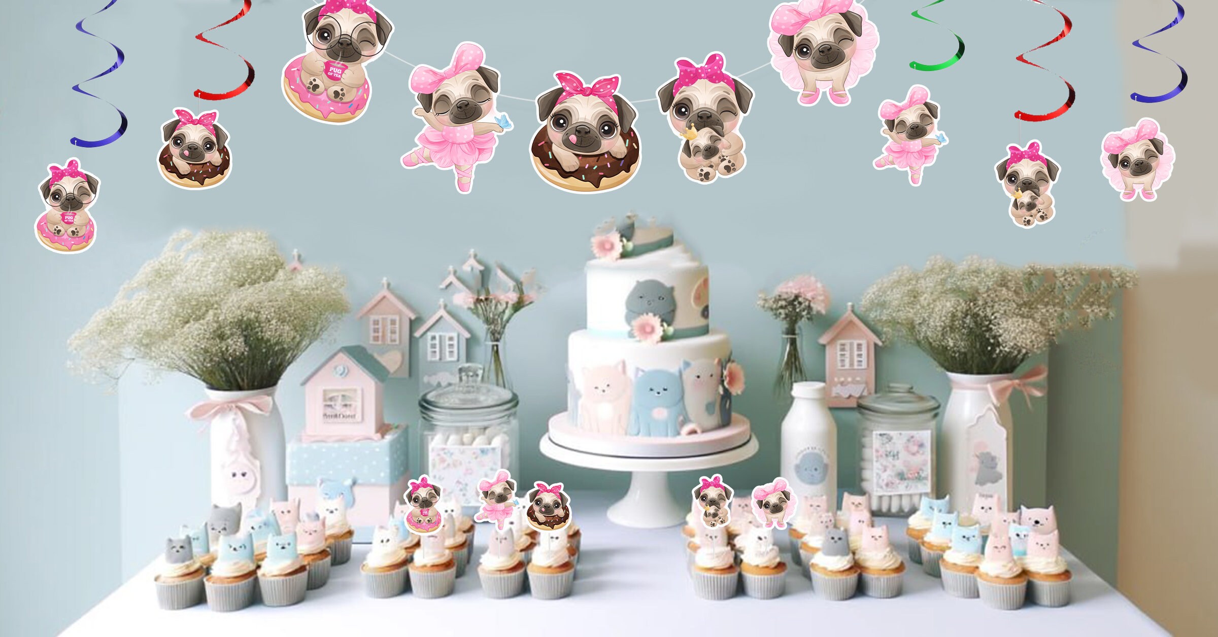 Pug Dog Birthday Banner Dogs Party Supplies | Birthday Decorations for ...