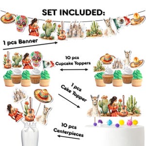 Fiesta Party Decor Set With Cake Topper, Cupcake Toppers, Banner, and ...