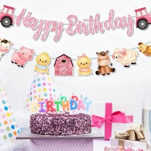 Pink Farm Animals Happy Birthday Banner - Kids' Birthday Party ...