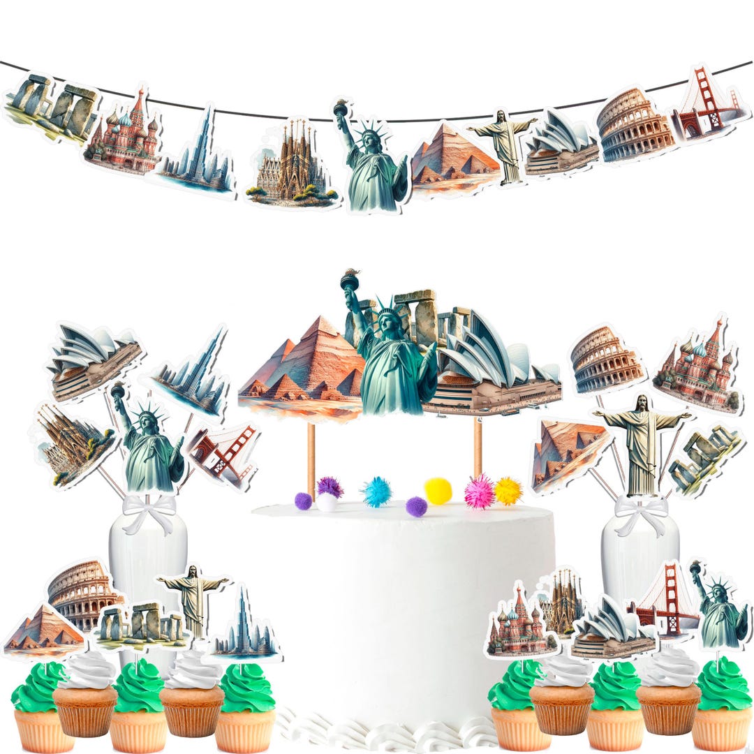 World Landmarks Party Set With Cake Topper, Cupcake Toppers, Banner ...