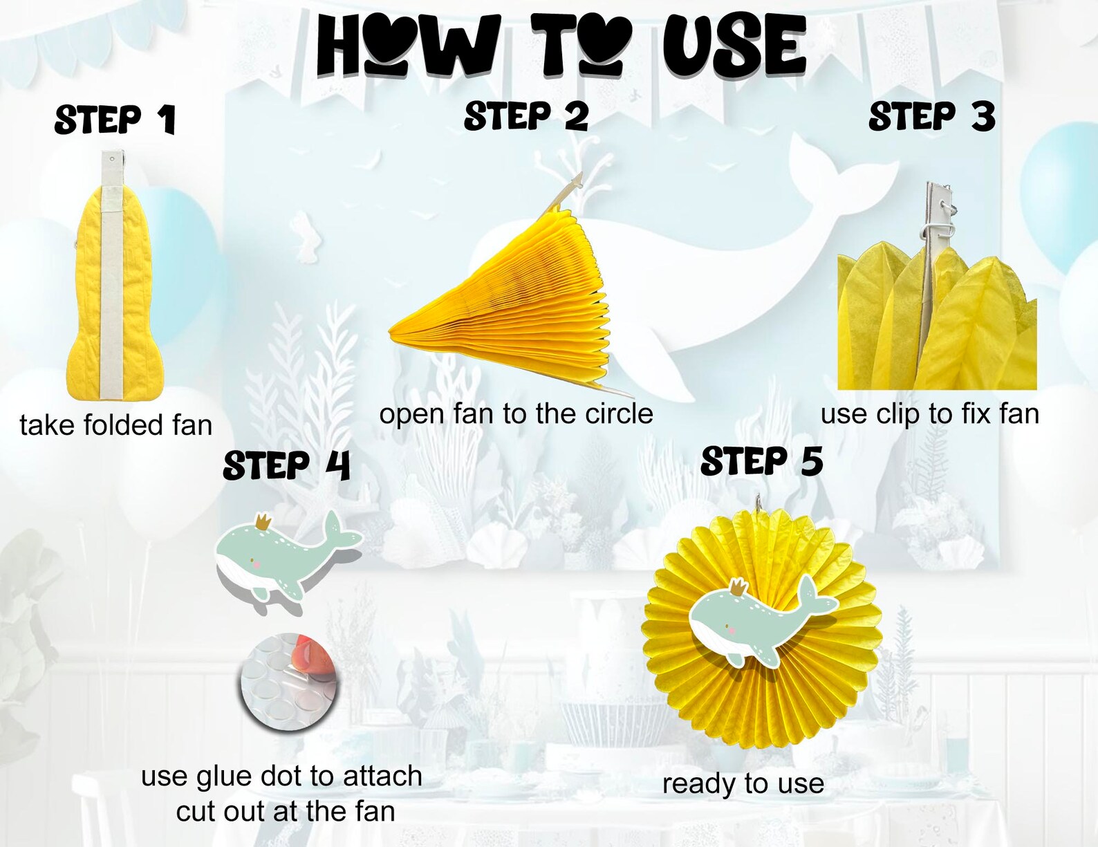 5 Pcs Whales Tissue Hanging Fans Set, 12-inch, Perfect for Ocean-themed ...