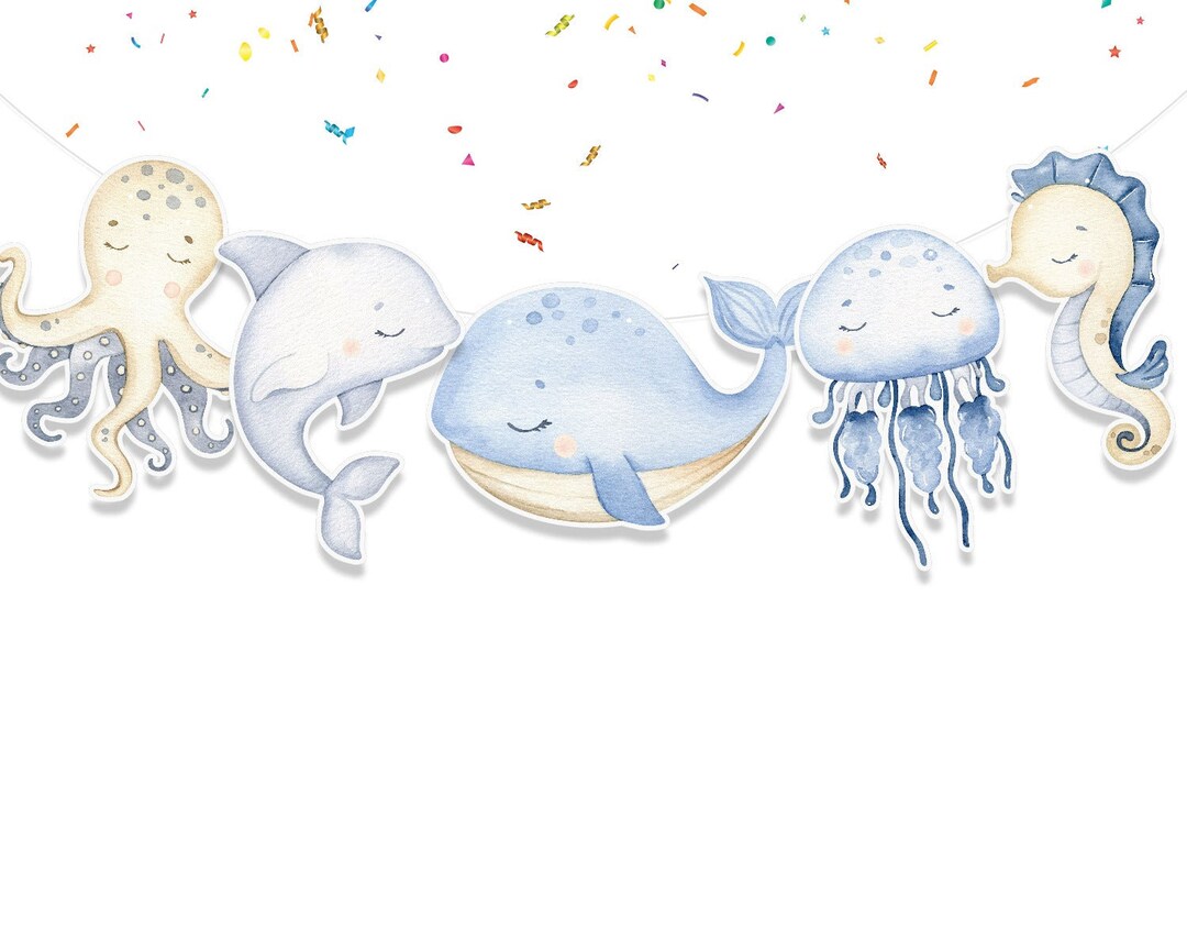 Under the Sea Birthday Banner Cute Watercolor Ocean Party Supplies Baby ...