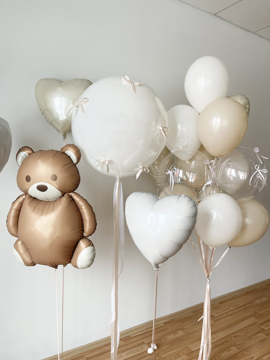 Bear & Elegant Neutral Balloon Bouquet | Perfect for Baby Showers and ...