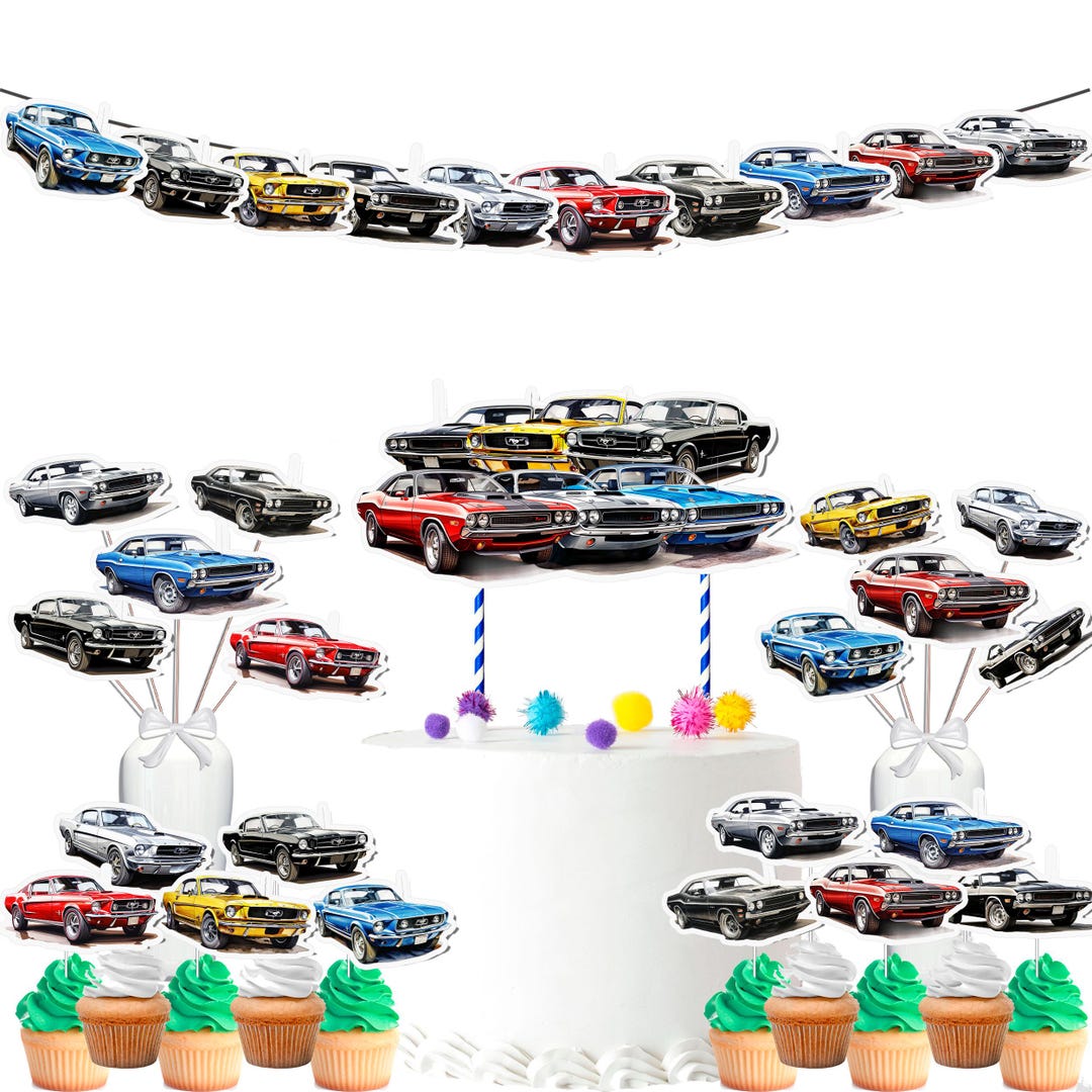 Car Party Decoration Set – Cake Topper, Cupcake Toppers, Banner ...