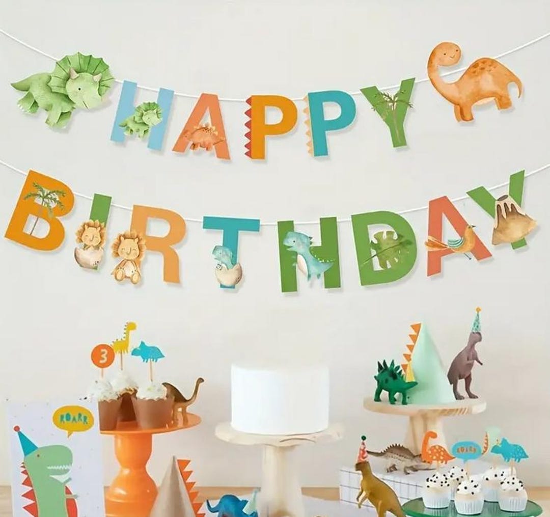 Dinosaur Happy Birthday Banner - Prehistoric Party Decoration With ...