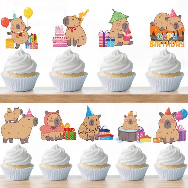 Capybara Cupcake Toppers – 18pcs Funny Capy Birthday Party Picks, Cute ...