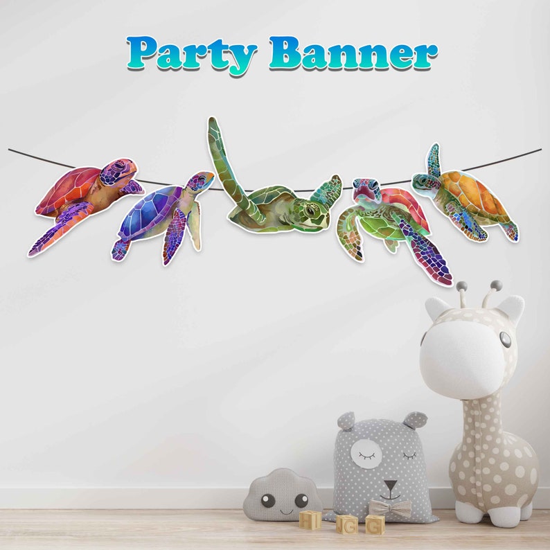 Turtle Under the Sea Birthday Banner Cute Watercolor Turtles Party ...