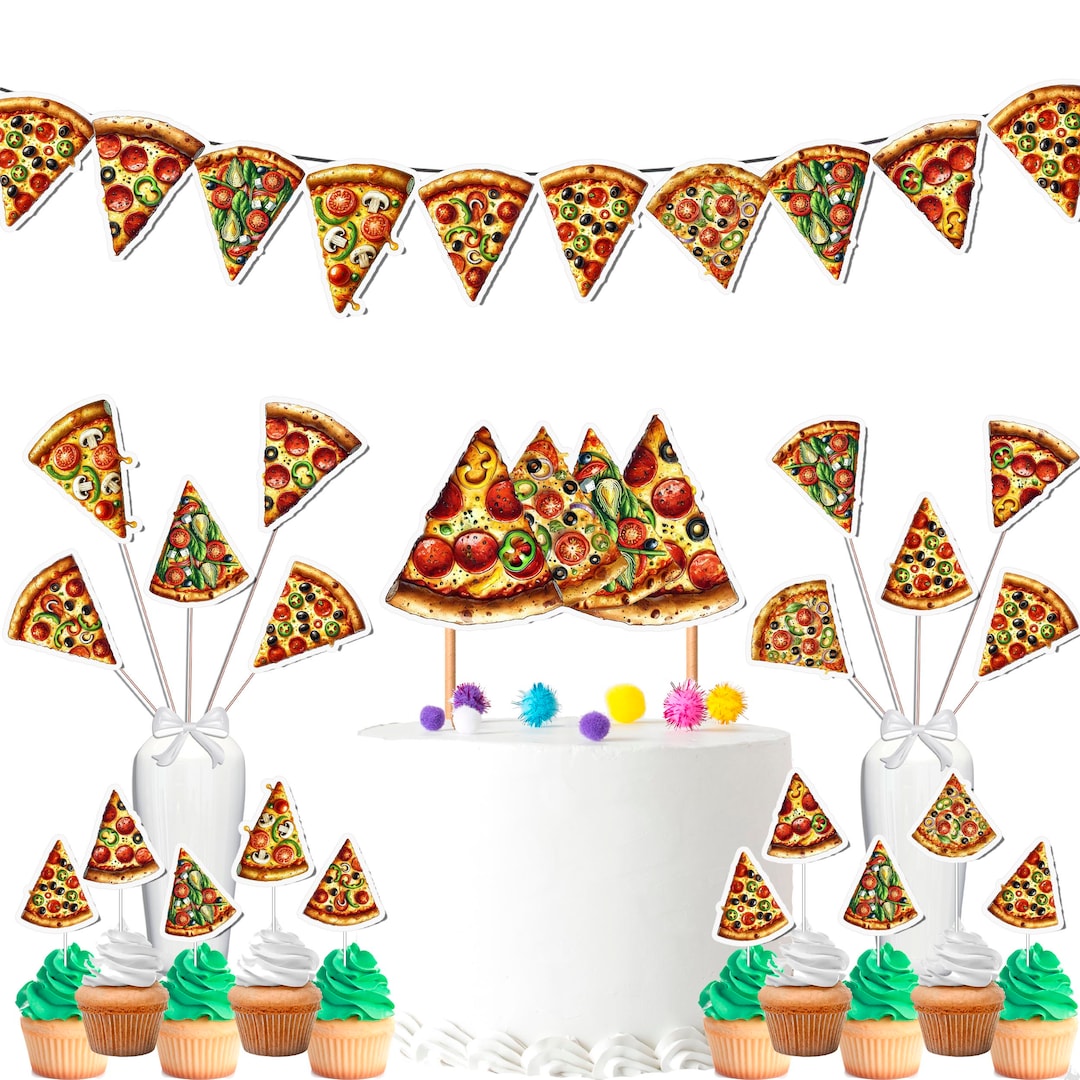 Delicious Pizza Party Decor Set Banners, Cake Toppers, and Cupcake ...