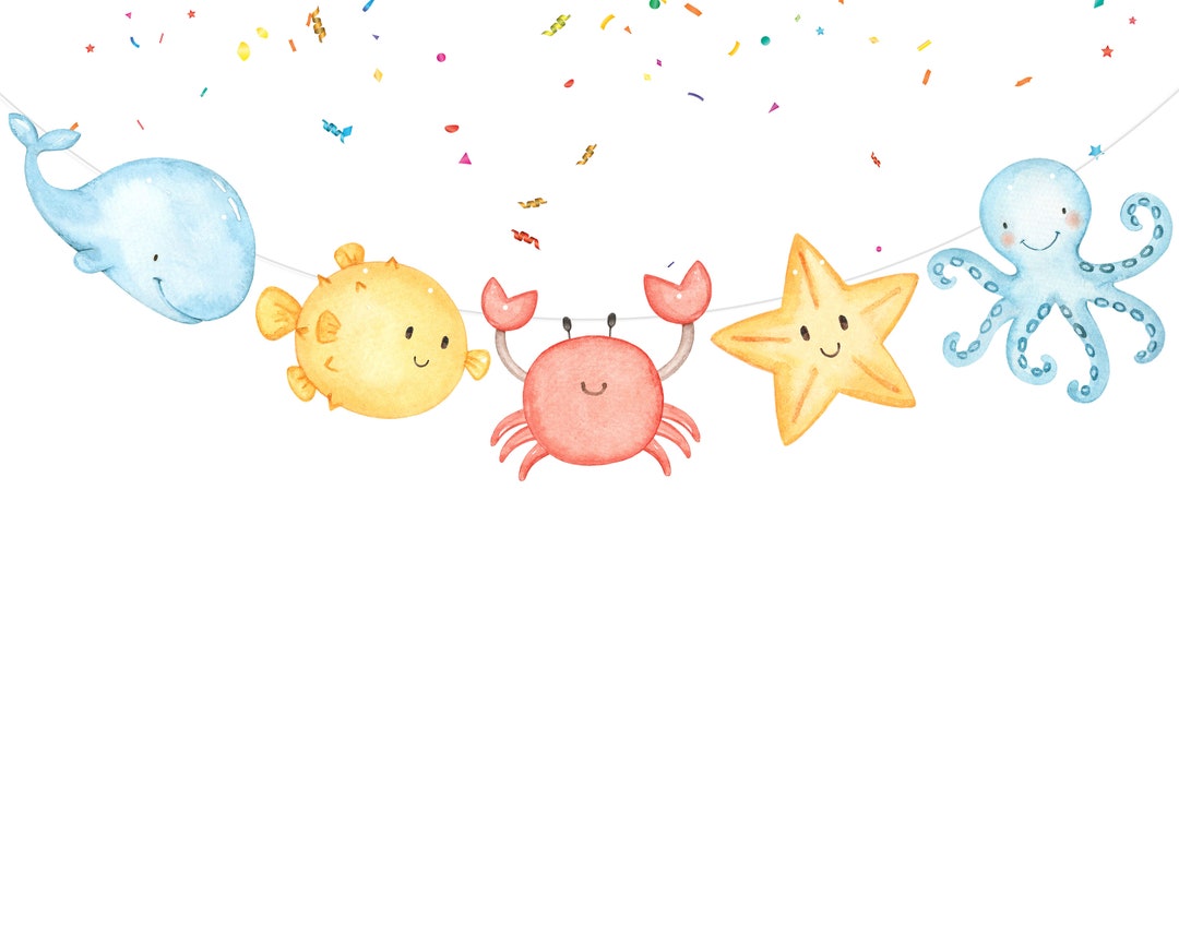 Under the Sea Birthday Banner Cute Watercolor Ocean Party Supplies Baby ...