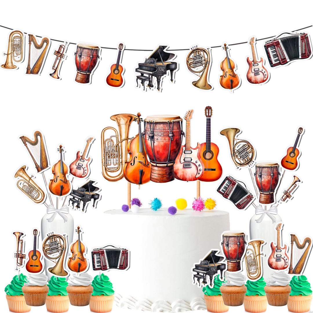 Musical Instrument Party Decor With Cake Topper, Cupcake Toppers ...