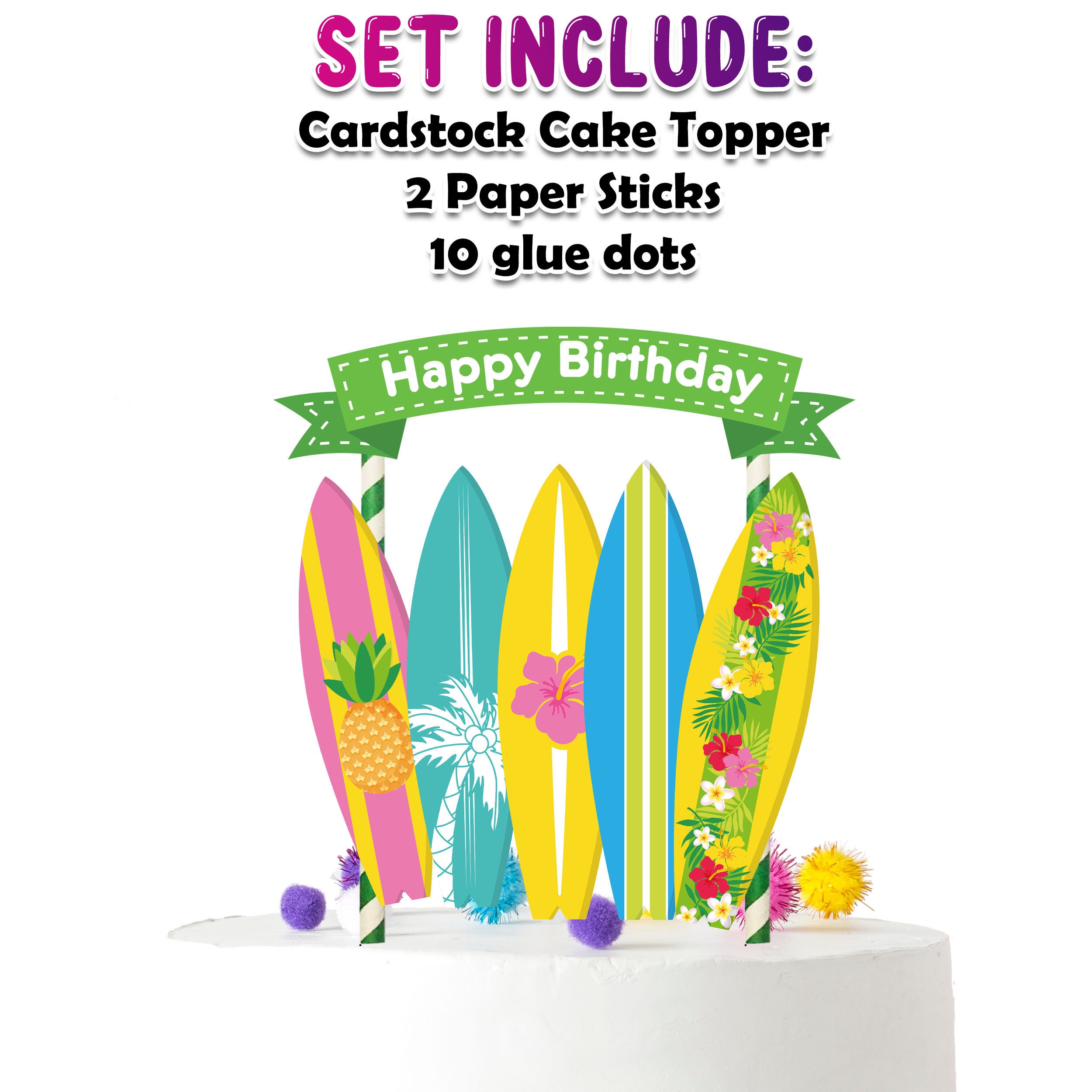 Colorful Surfboard Cake Topper Set - Tropical Beach Themed Birthday ...