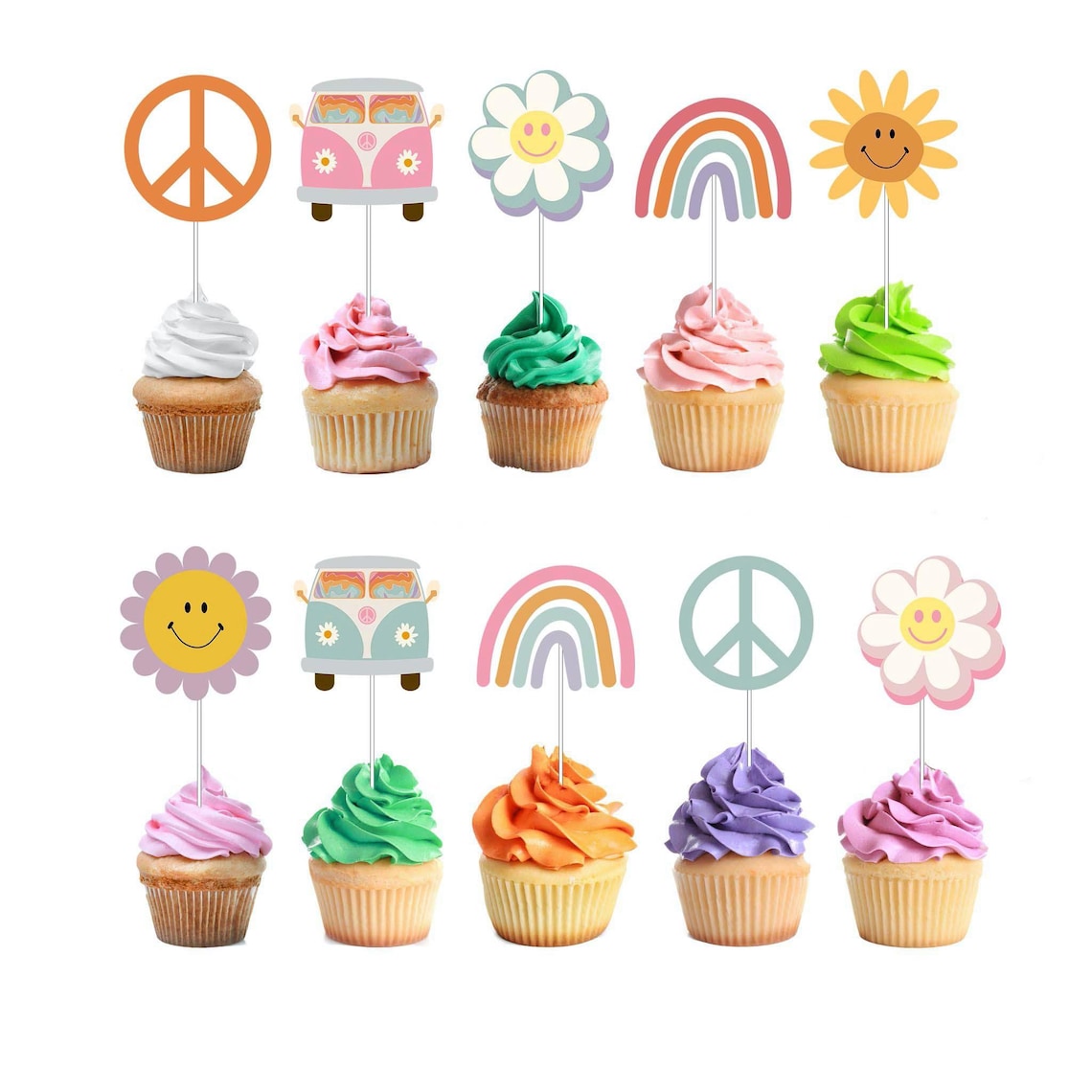 10 Pcs Groovy Retro Cupcake Toppers - Funky Cake Decorations for ...