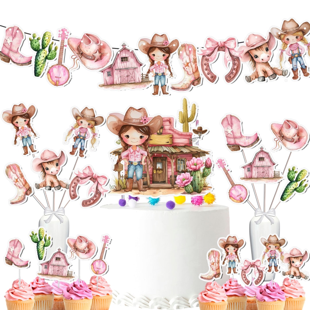 Complete Pink Cowgirl Party Set - Centerpieces, Cupcake Toppers, Cake ...