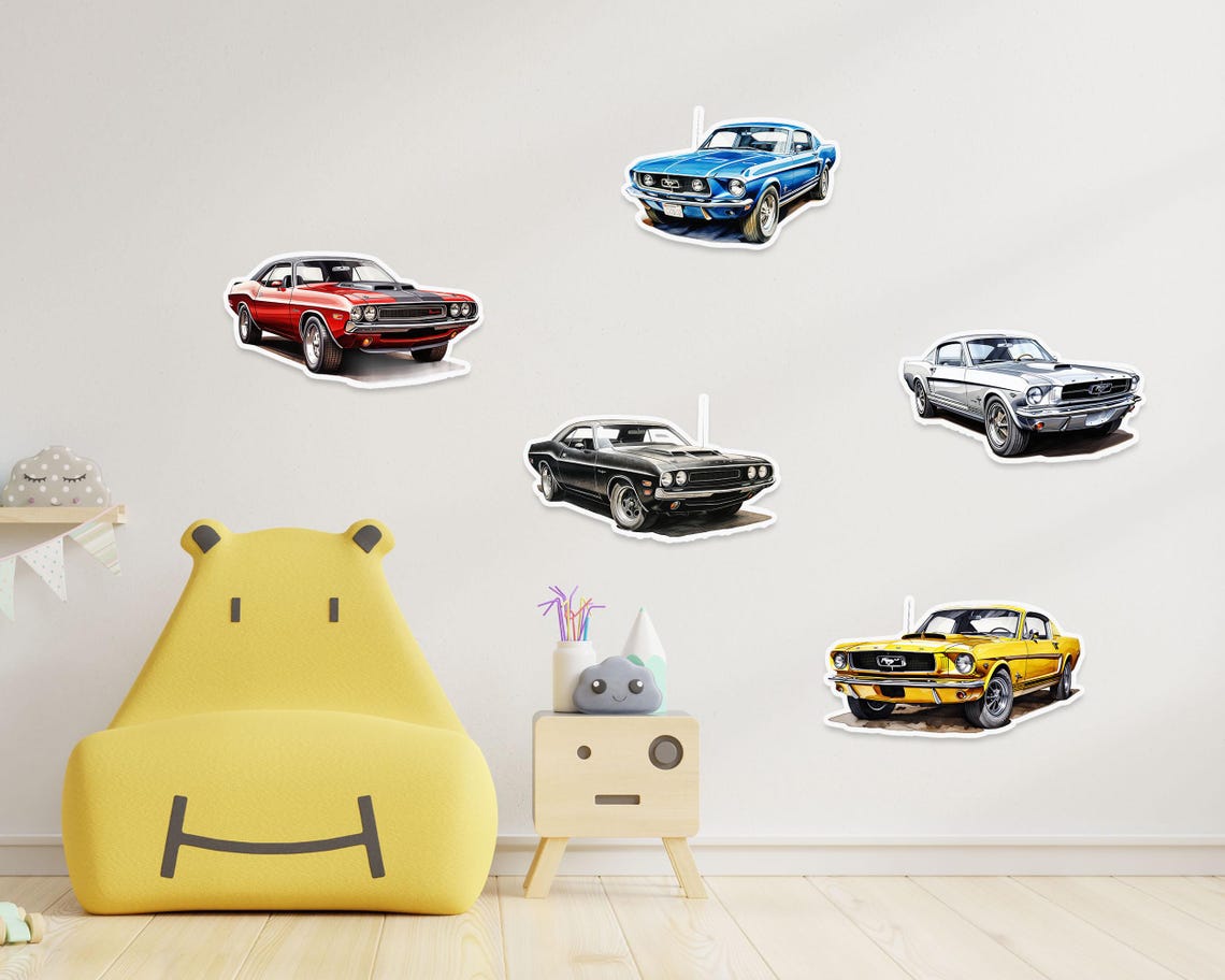 Muscle Car Wall Stickers – Vintage Mustang & Challenger Decal Set 5 ...