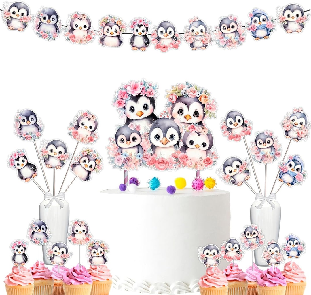Pink Penguins Baby Shower and Birthday Party Supplies Set - Banner ...